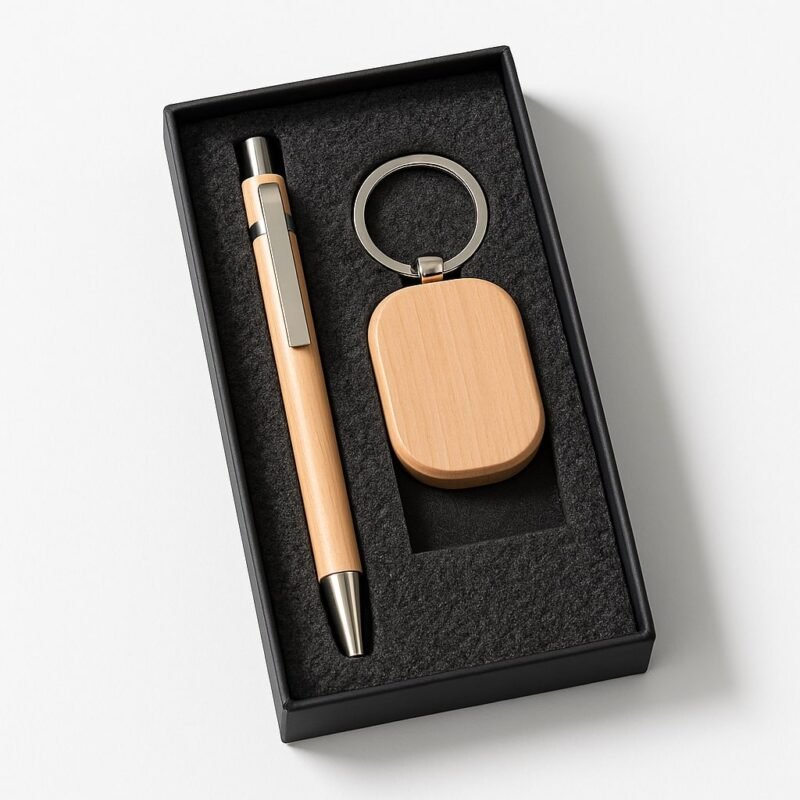 Customized Wooden Textured Pen With Keychain Gift Set